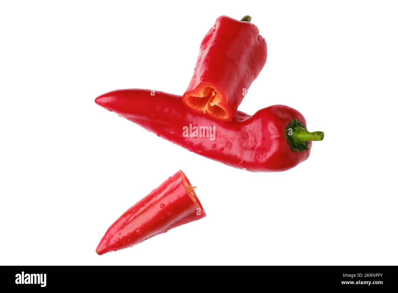 Top view of sweet capia pepper whole and cut on half isolated on white ...