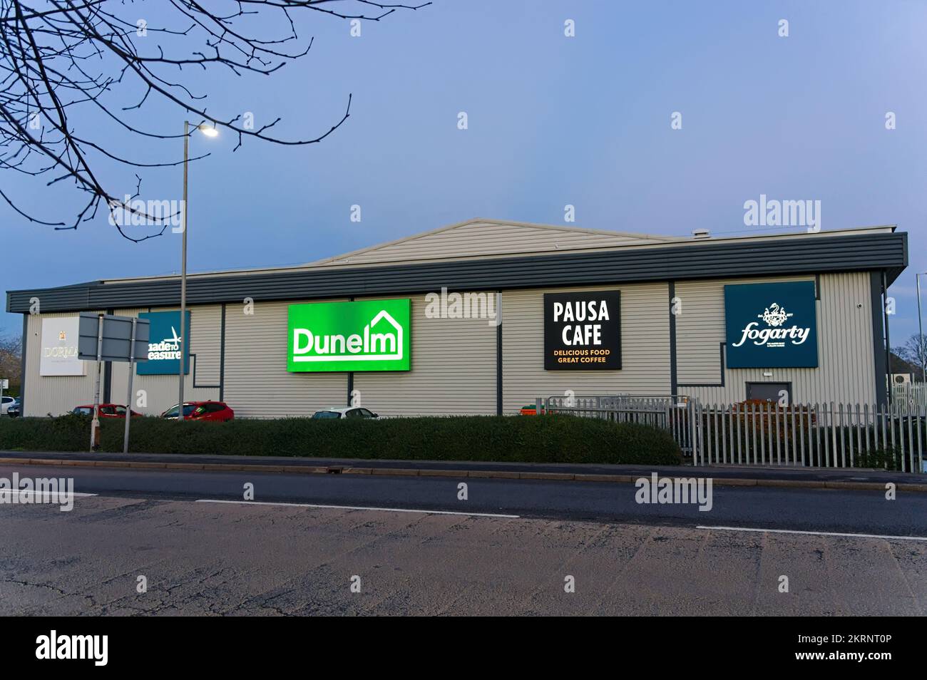 Dunelm superstore with an illuminated sign at the shopping park on the ...