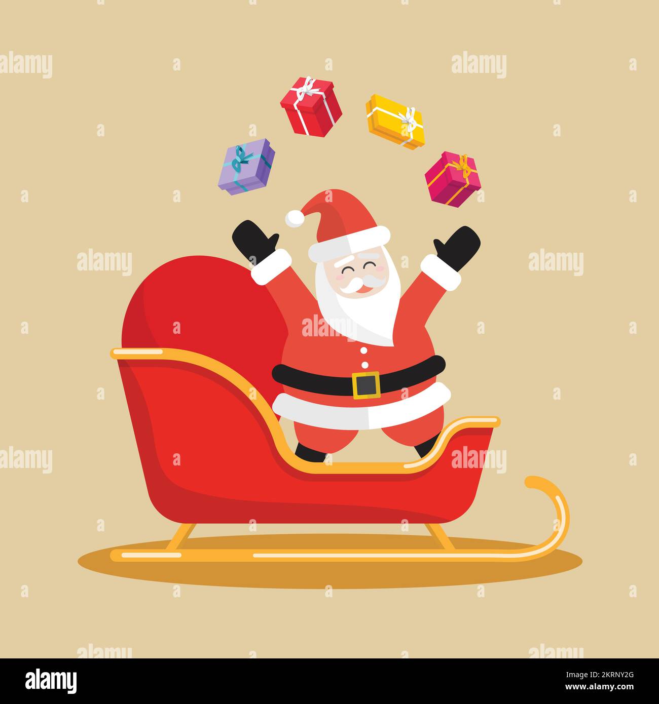 Santa Claus juggling gift boxes on a sleigh. Merry christmas. Vector ...