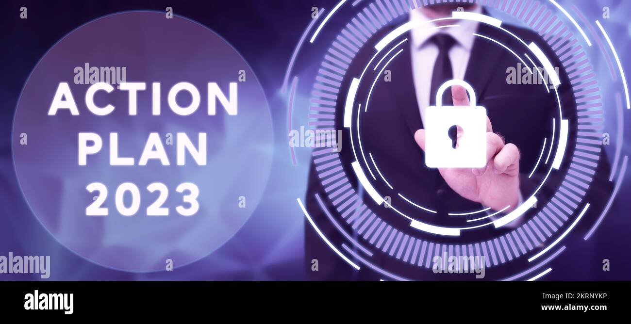 Text caption presenting Action Plan 2023, Business approach Challenge ... Text caption presenting Action Plan 2023, Business approach Challenge ...