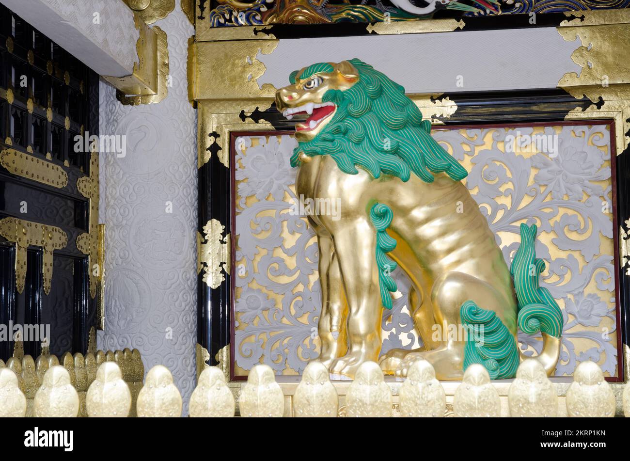 Nikko, November 17, 2017: Carving of a lion at the Karamon Gate. Tosho ...