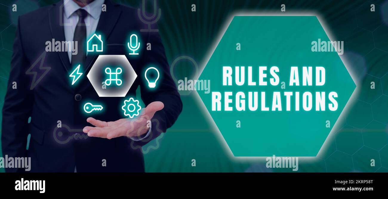 Sign displaying Rules And Regulations, Business overview guidelines to ...