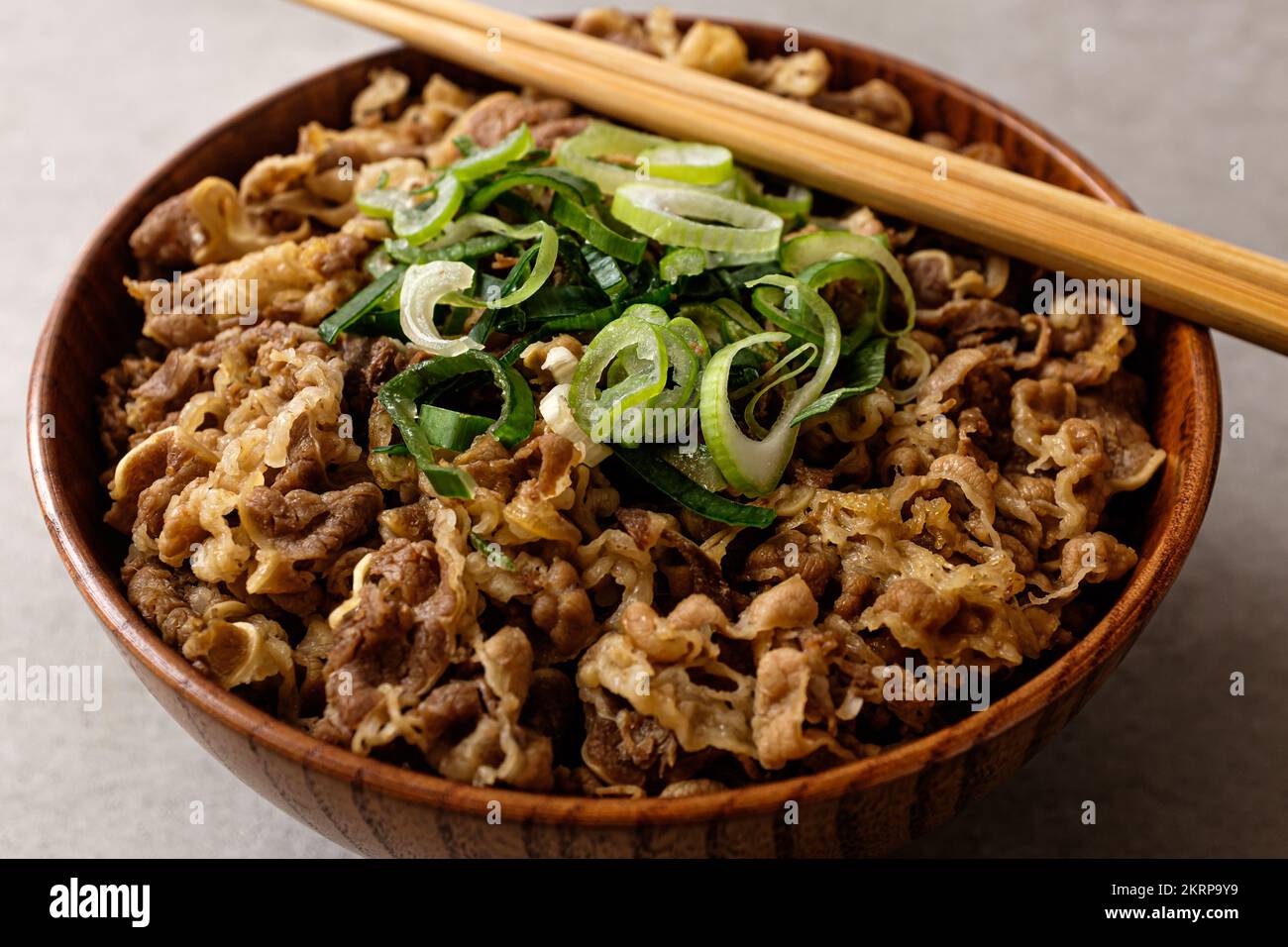 Gyudon, a rice bowl topped with beef and vegetables Stock Photo - Alamy