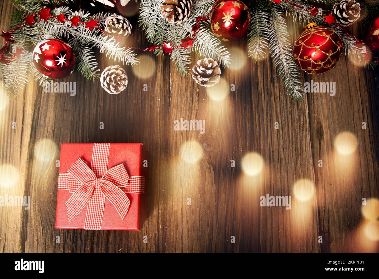 christmas decorations and lights on wooden table Stock Photo - Alamy