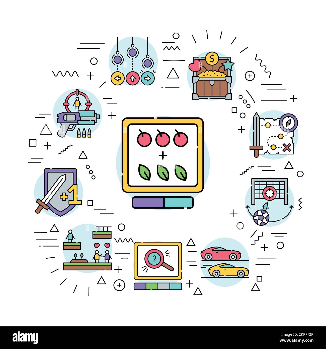 Computer games genres web banner. Infographics with linear icons on ...