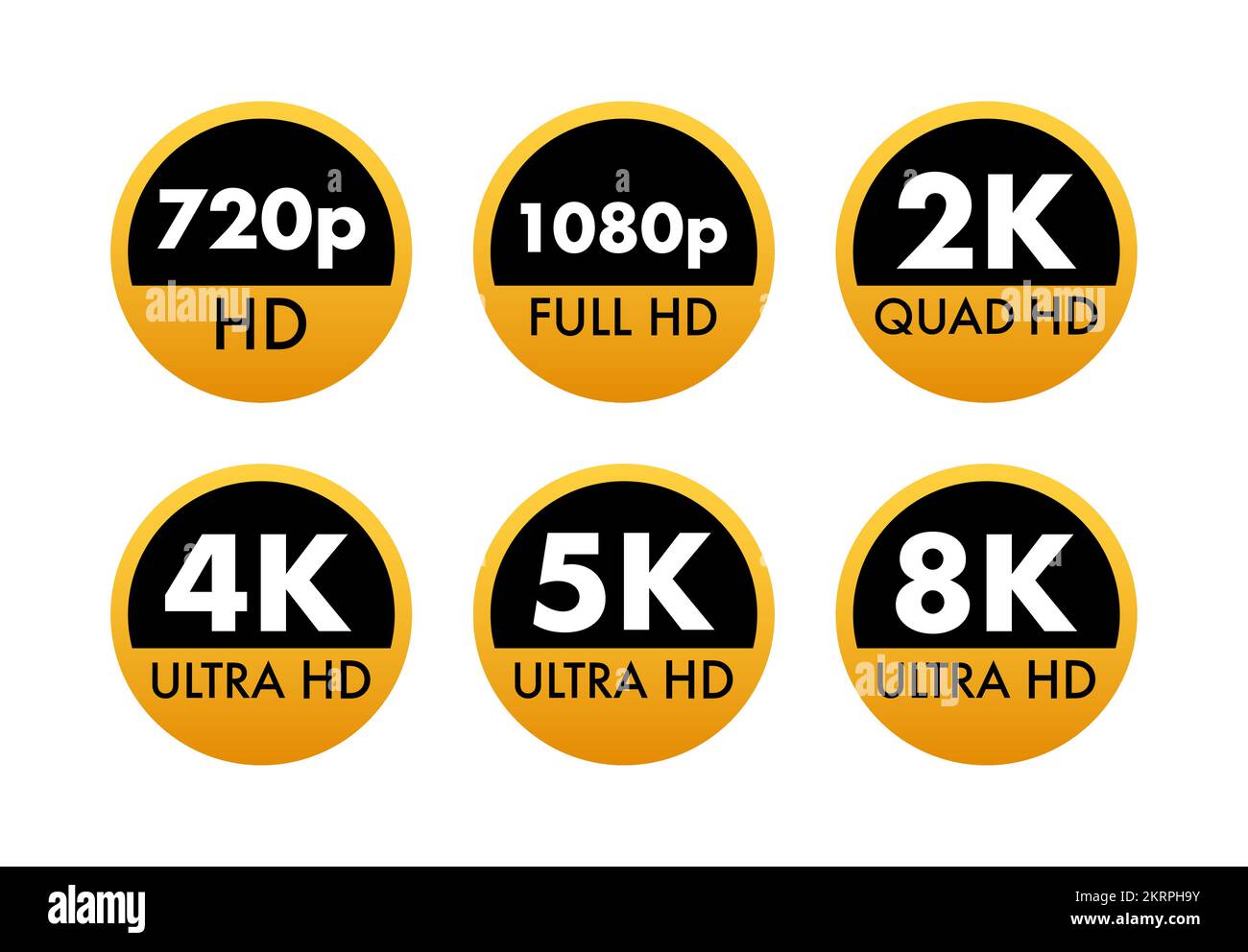 Video dimension labels. Video resolution 720, 1080, 2k, 4k, 8k badges ...