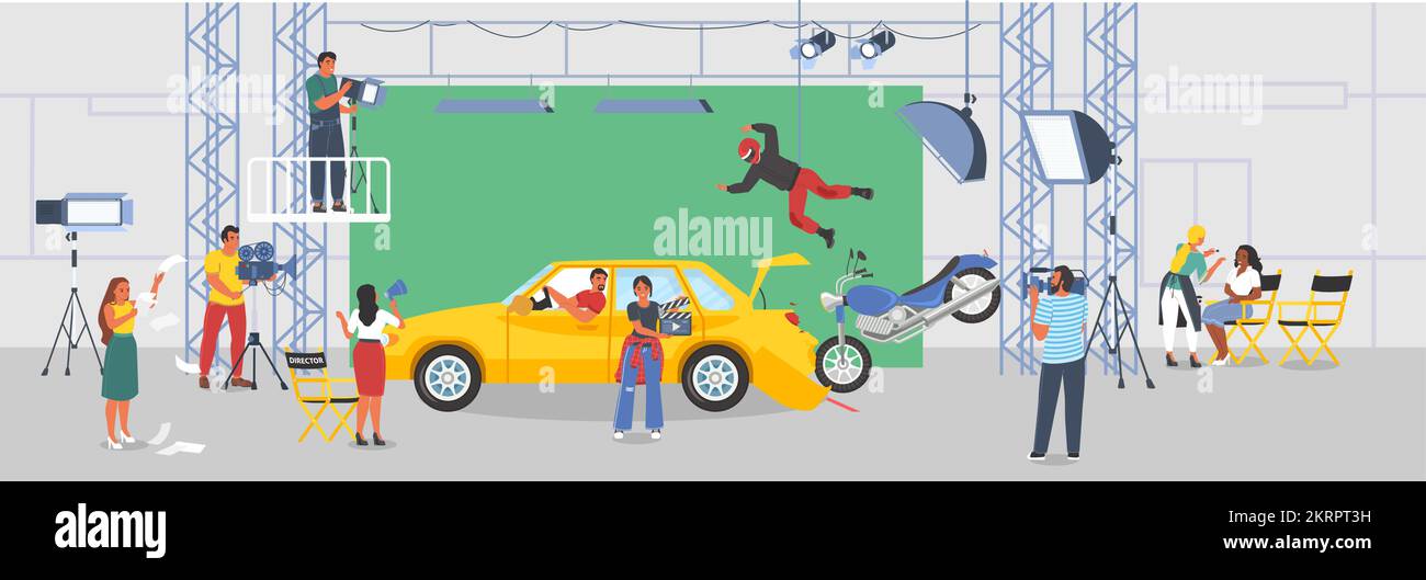 Film production crew shooting action movie vector illustration. Cinema ...
