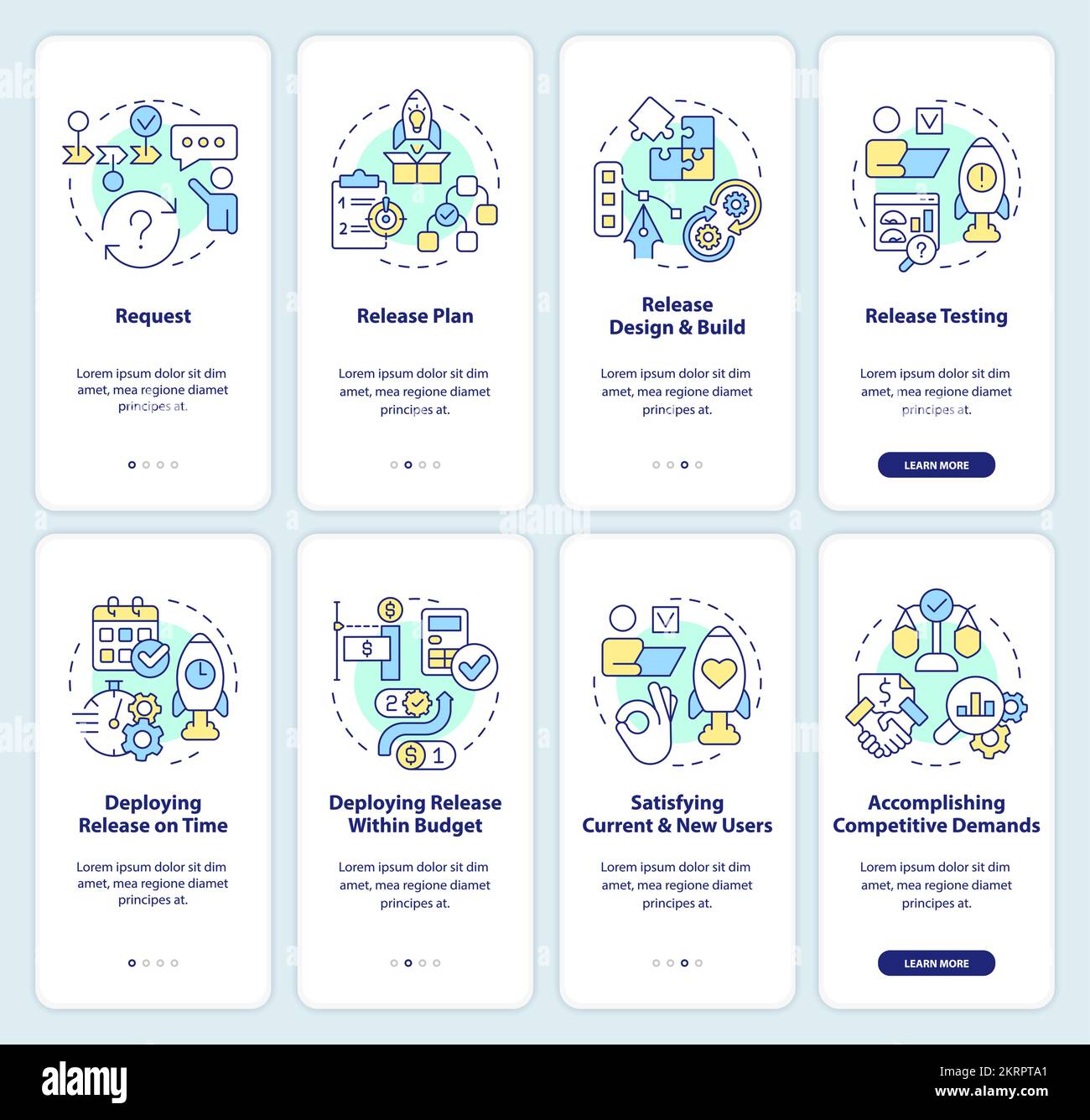 Release management process onboarding mobile app screen set Stock ...