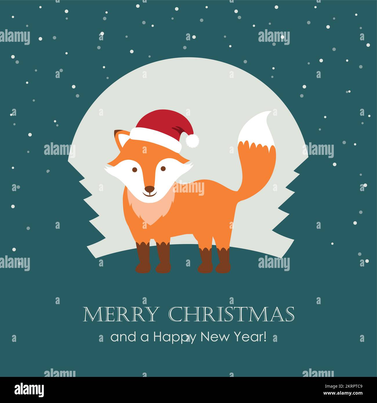 christmas greeting card with cute fox on snowy winter landscape Stock ...