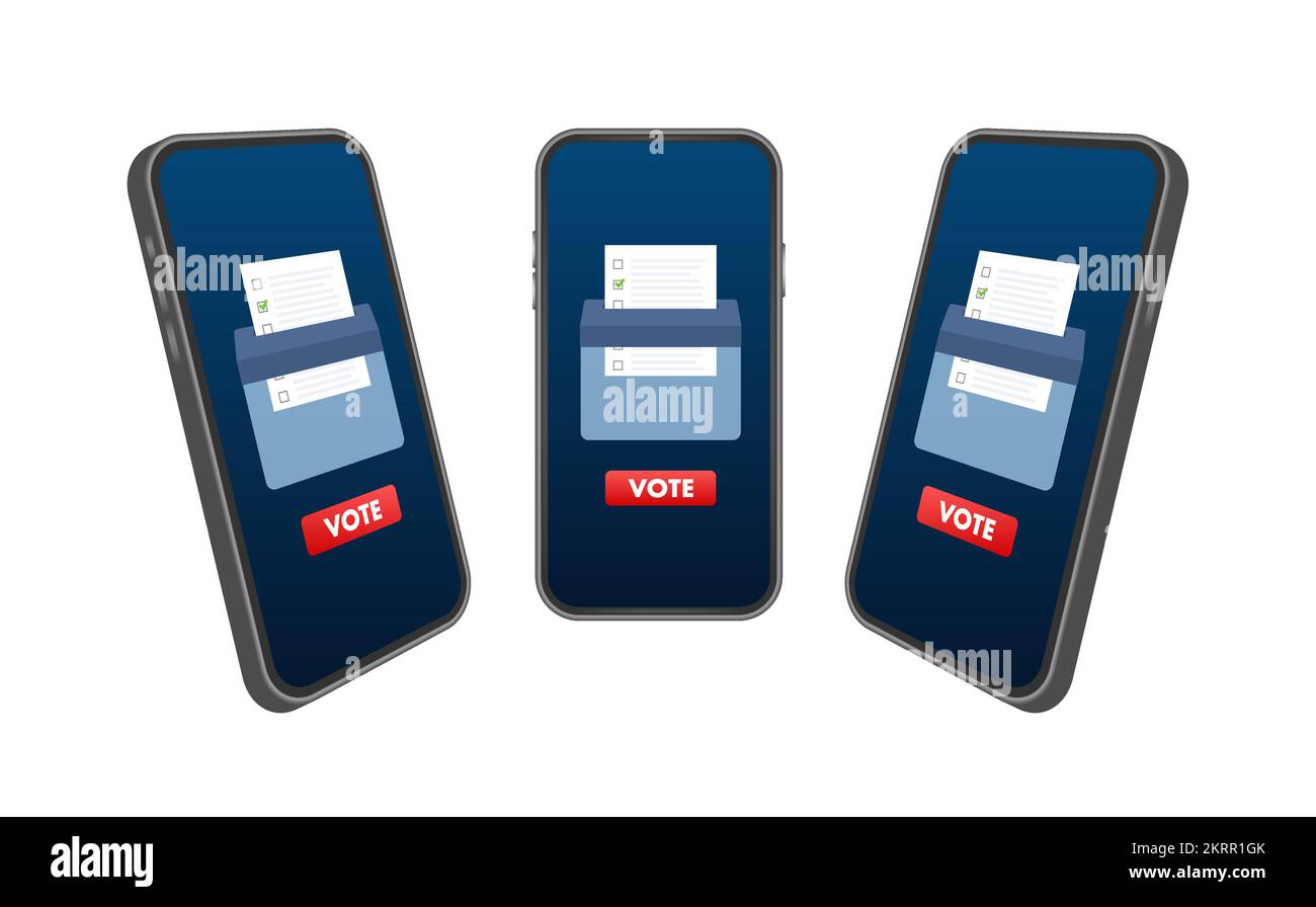 Hand puts vote bulletin into vote box on smartphone screen. Voting ...