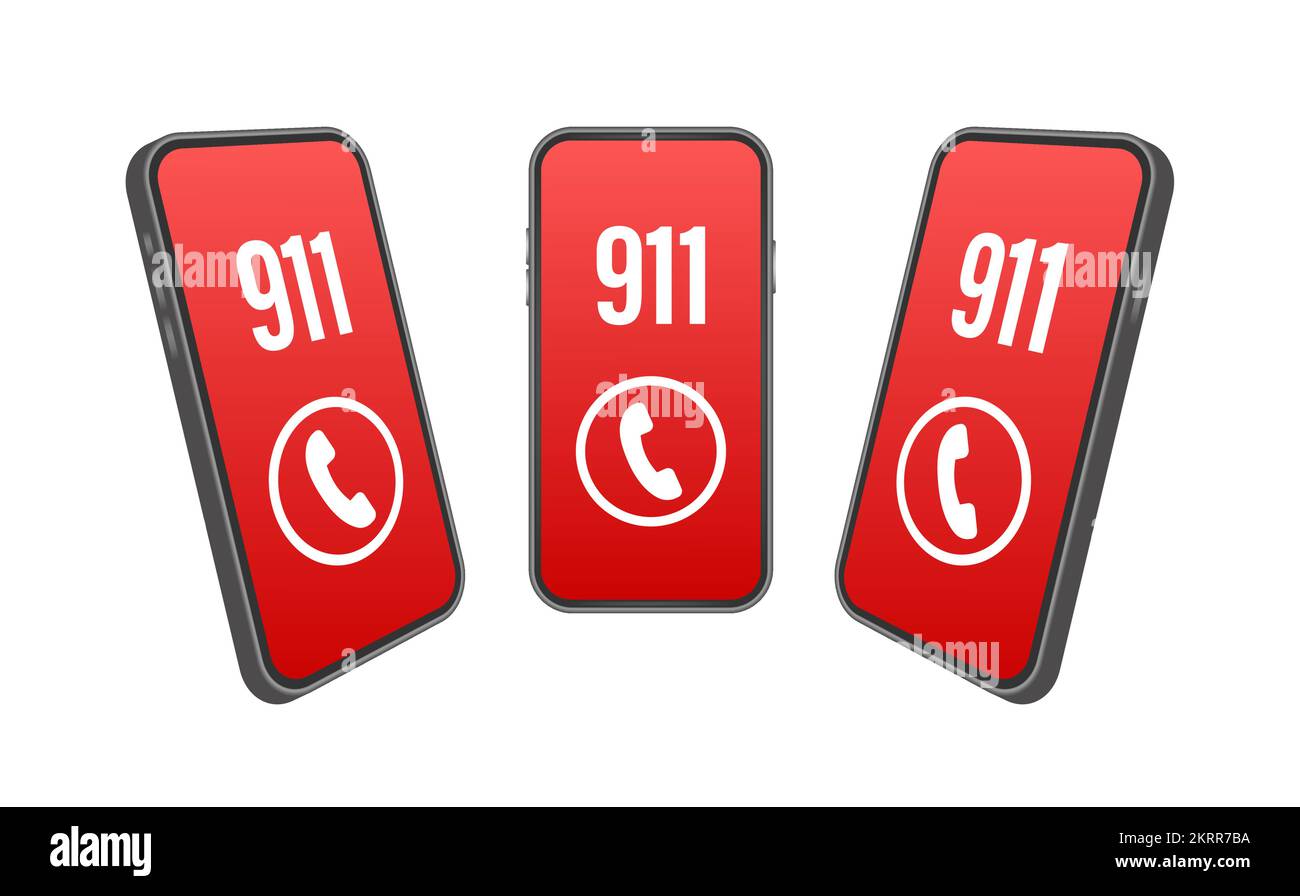 911 smartphone in flat style. Call icon vector. Hand holding smartphone. First aid. Finger touch ...