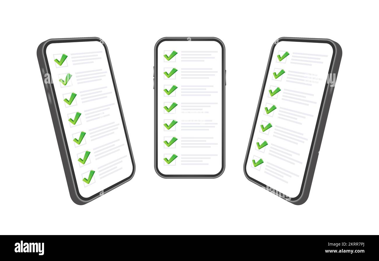 Green check list smartphone. Survey vector illustration. Green tick ...