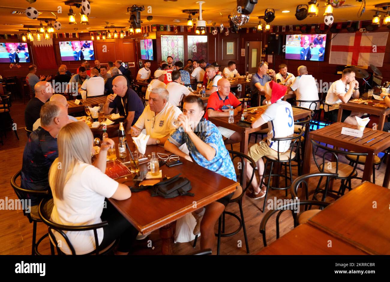 Fans gather at the Red Lion Pub & Restaurant in Doha, Qatar, on the day ...