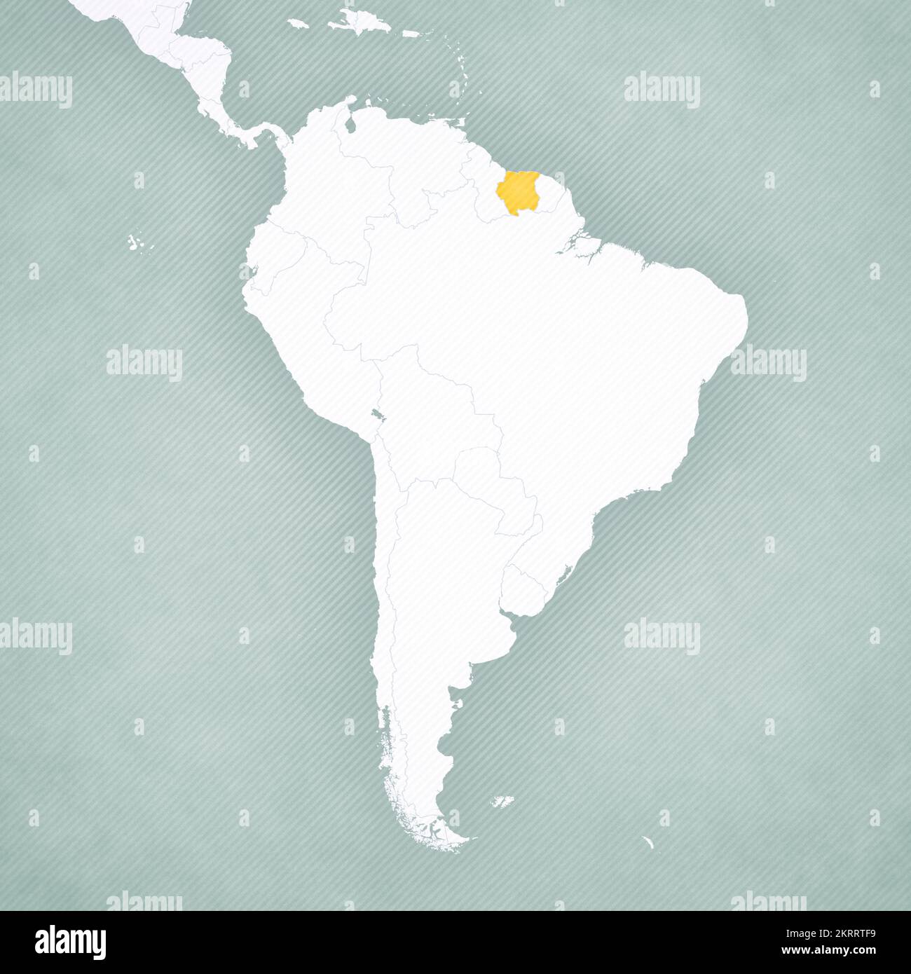 Suriname on the map of South America with softly striped vintage ...