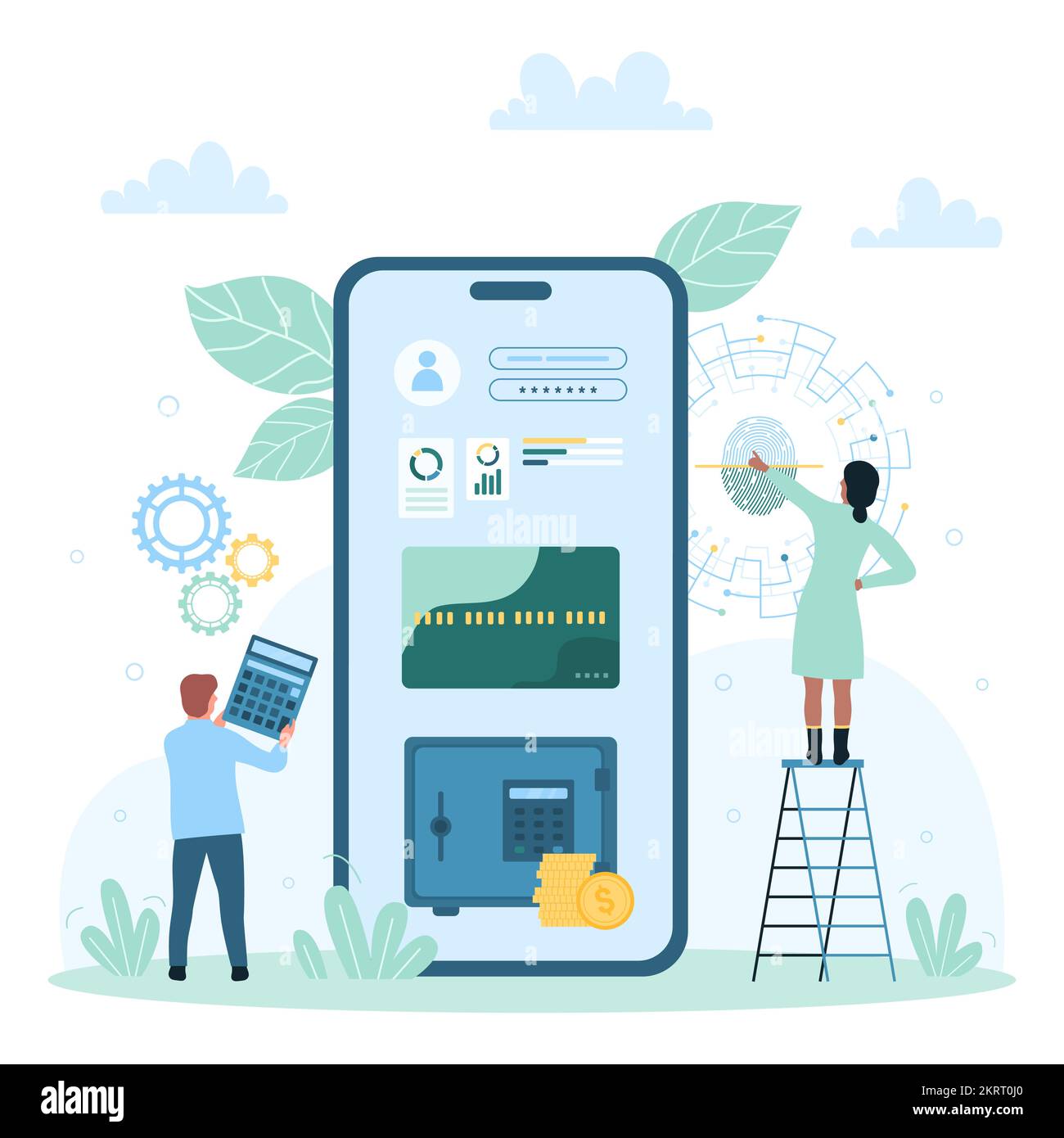 Mobile bank app vector illustration. Cartoon tiny people pay and ...