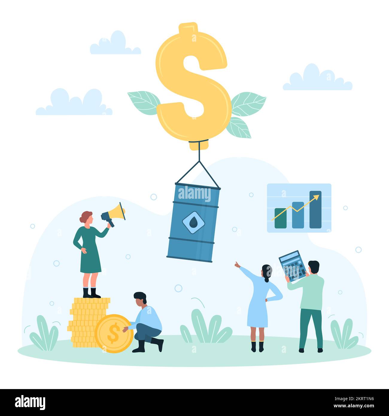 Oil price growth vector illustration. Cartoon tiny people standing on ...