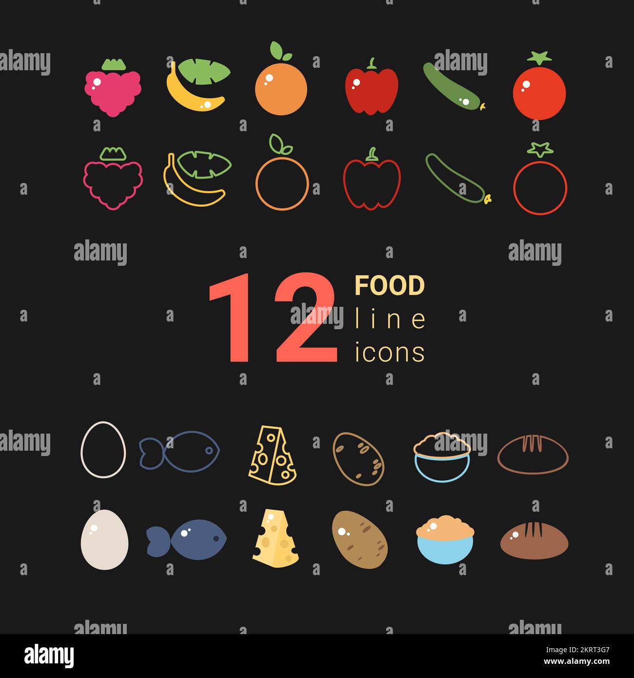 The dietary nutrition food outline icon set fruits and vegetables with ...