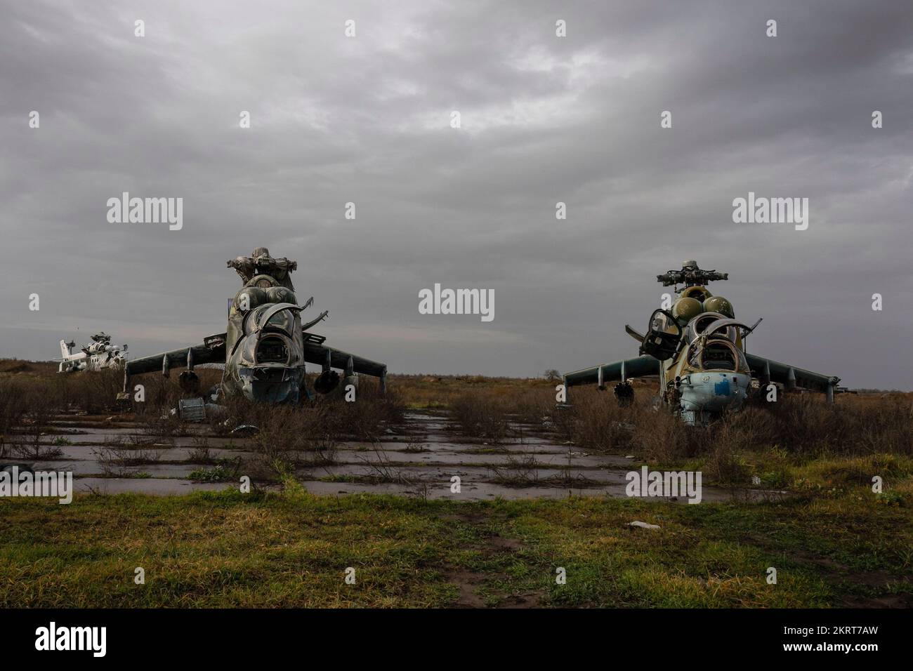 Kherson, Ukraine. 21st Nov, 2022. Damaged combat helicopters Mil Mi-24 ...