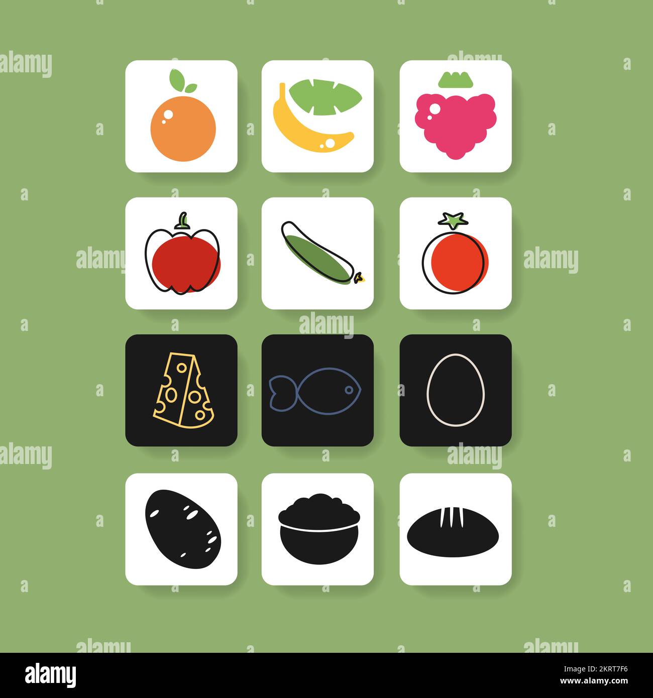 Set of colorful fruit and vegetable square button icons for app healthy ...