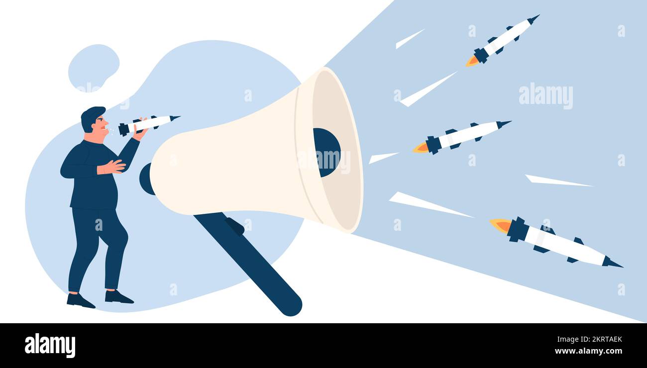 Cartoon tiny angry man propagandist in military uniform holding rocket ...