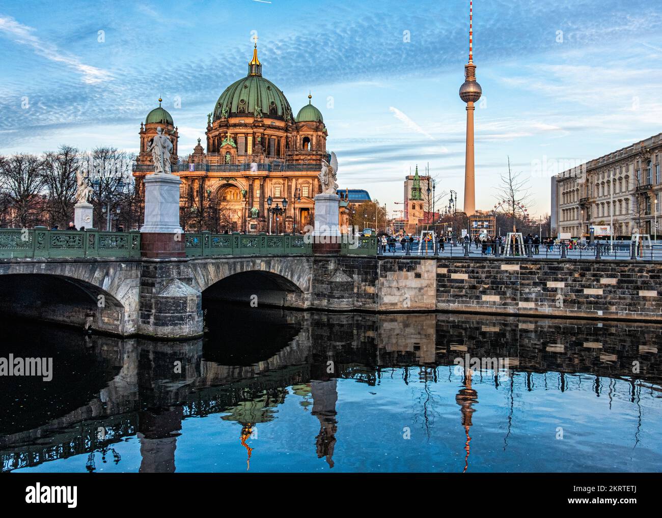 Berlin, Mitte, Schloss bridge with marble sculptures, Dome of Berlin ...