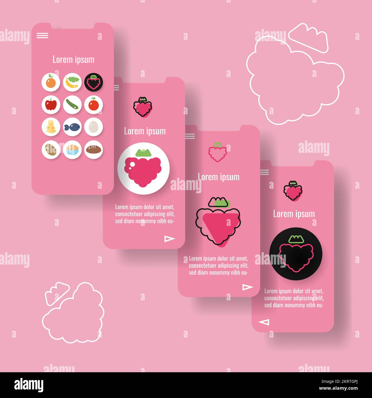 Template mobile app page with braspberry fruit. Food outline icon ...