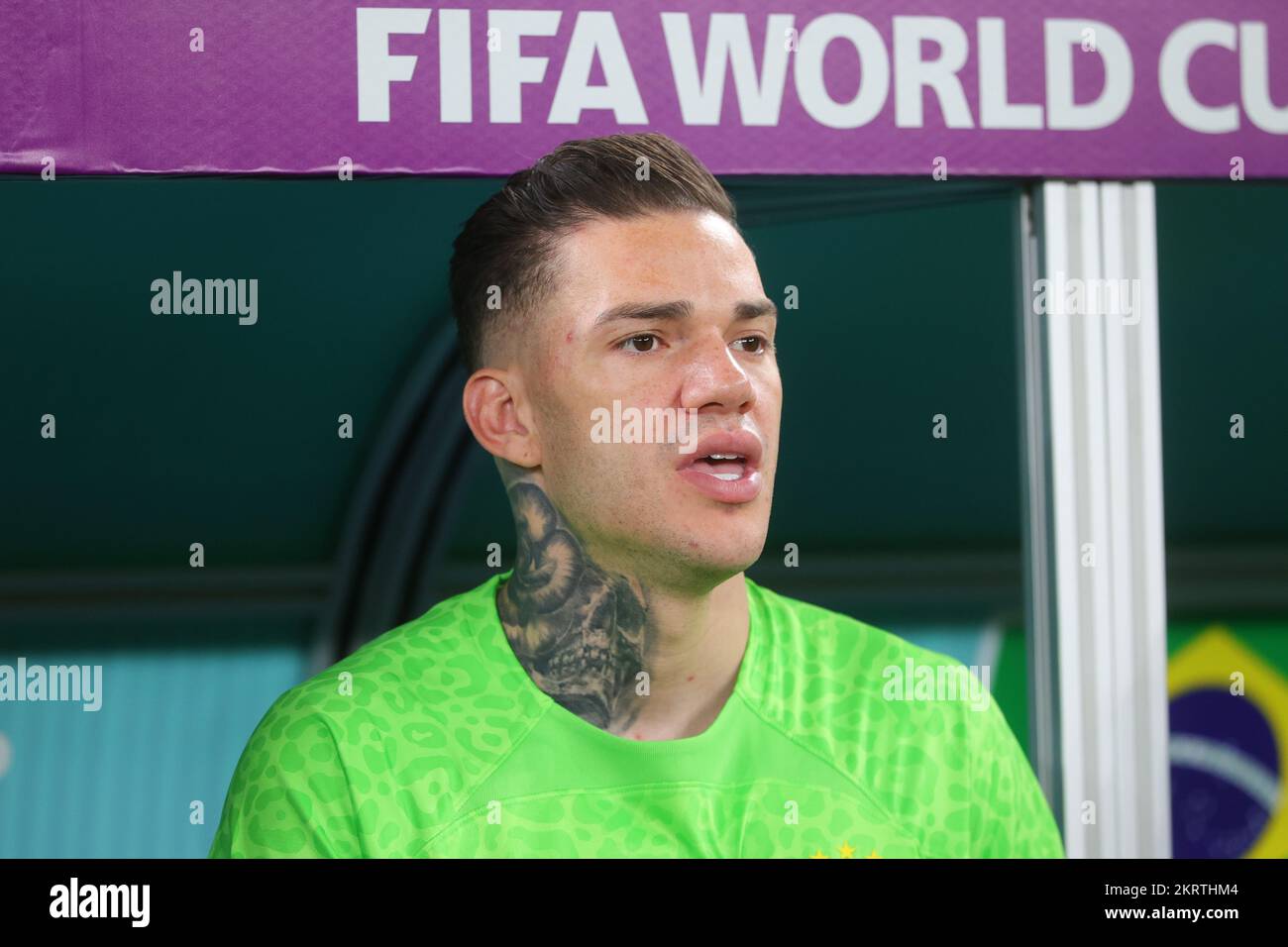 Ederson of Brazil during the National anthems FIFA World Cup Qatar 2022 ...