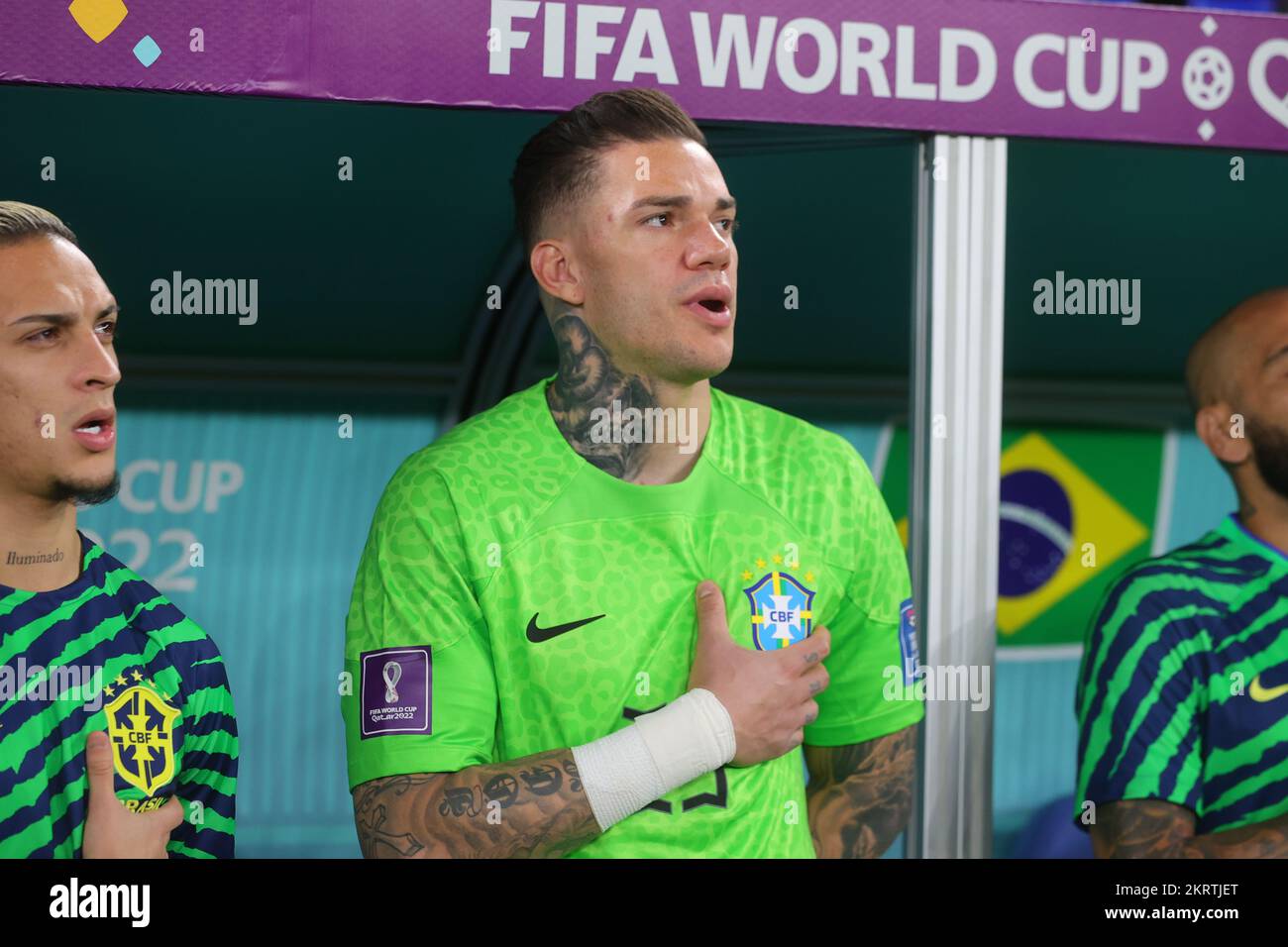 Ederson of Brazil during the National anthems FIFA World Cup Qatar 2022 ...