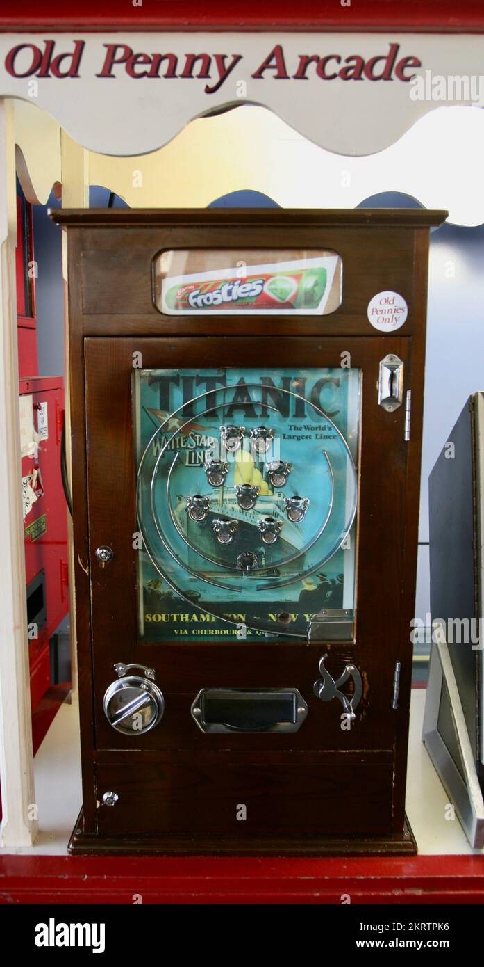 A view of the Titanic slot machine in the Penny Arcade, Southport Pier ...