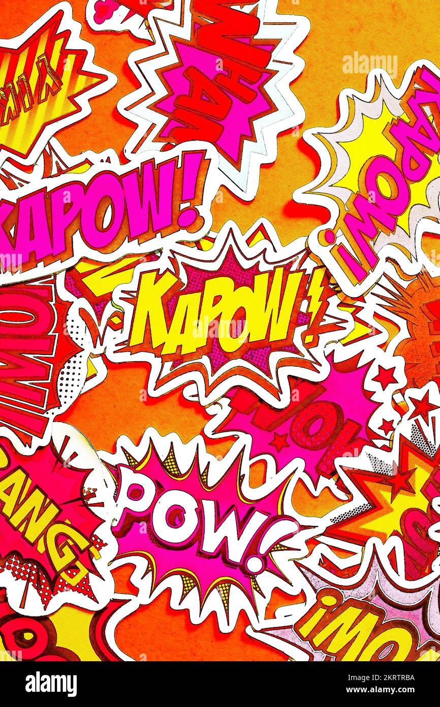 Dotty display of comic book art with superhero slogans in explosive ...
