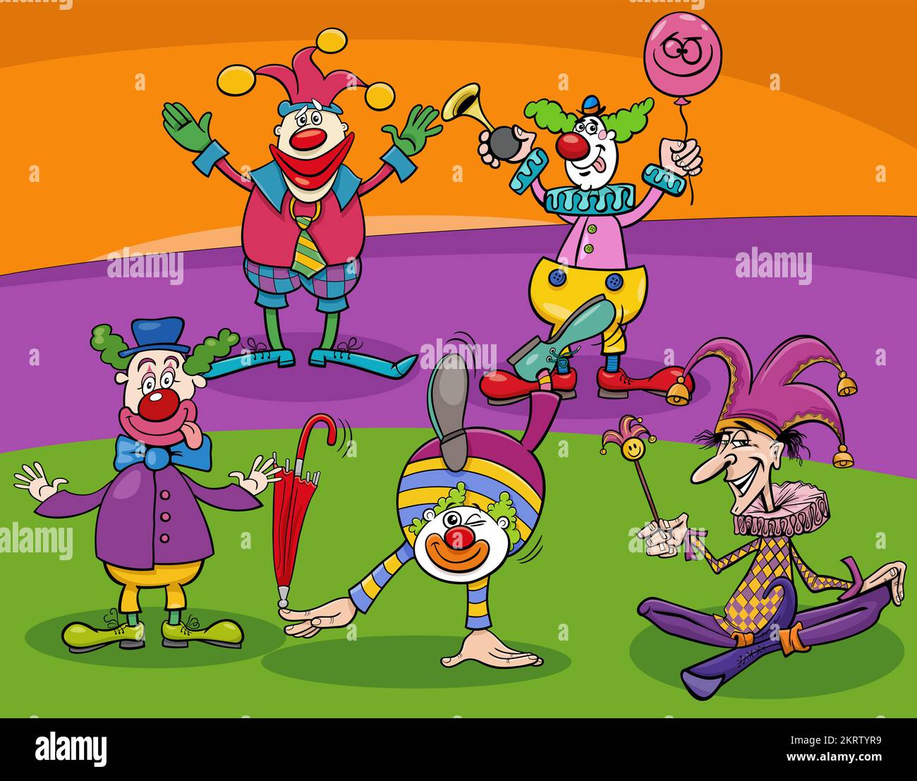 Cartoon illustration of funny clowns or comedians characters group ...