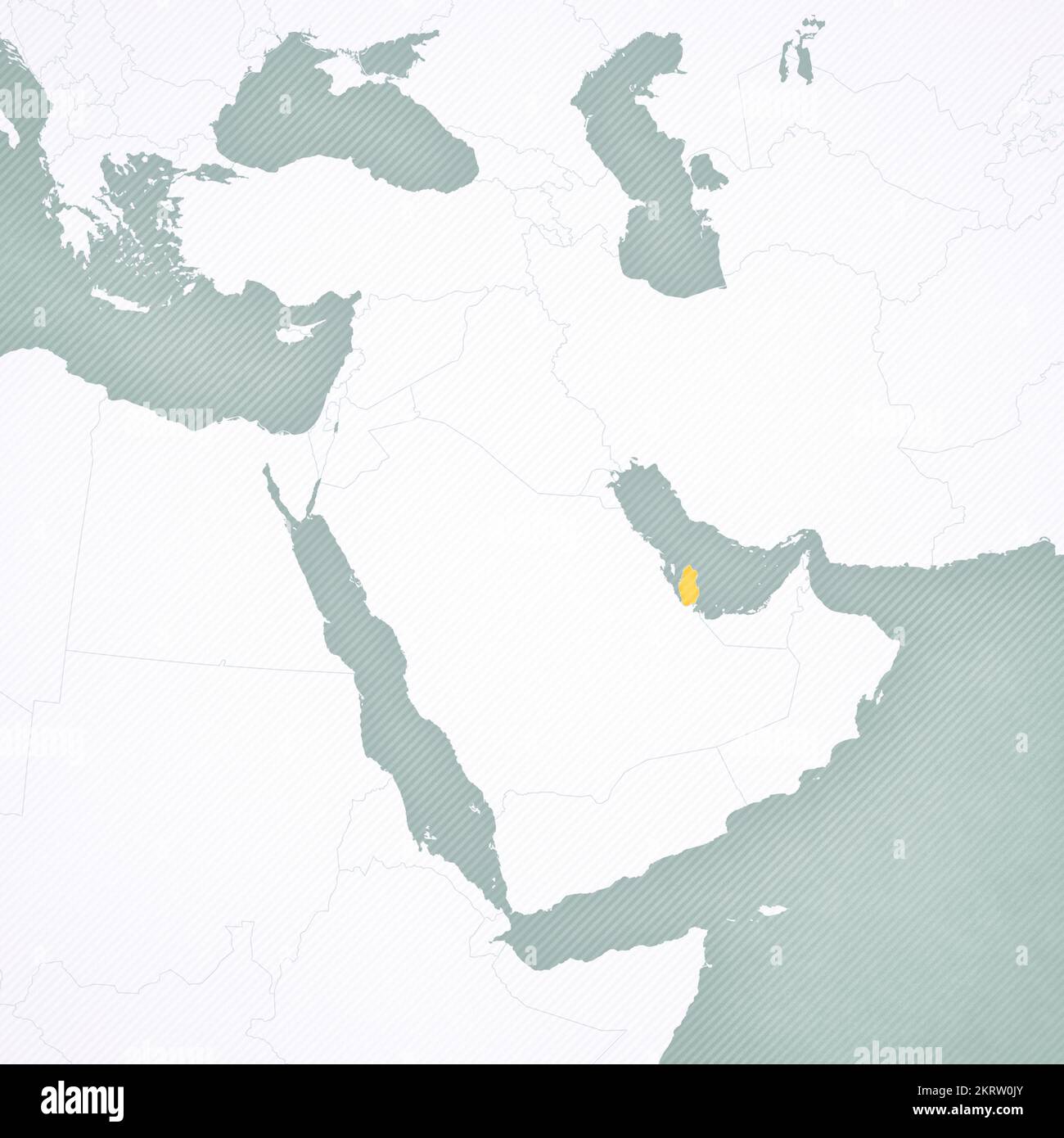 Qatar on the map of Middle East (Western Asia) with softly striped ...