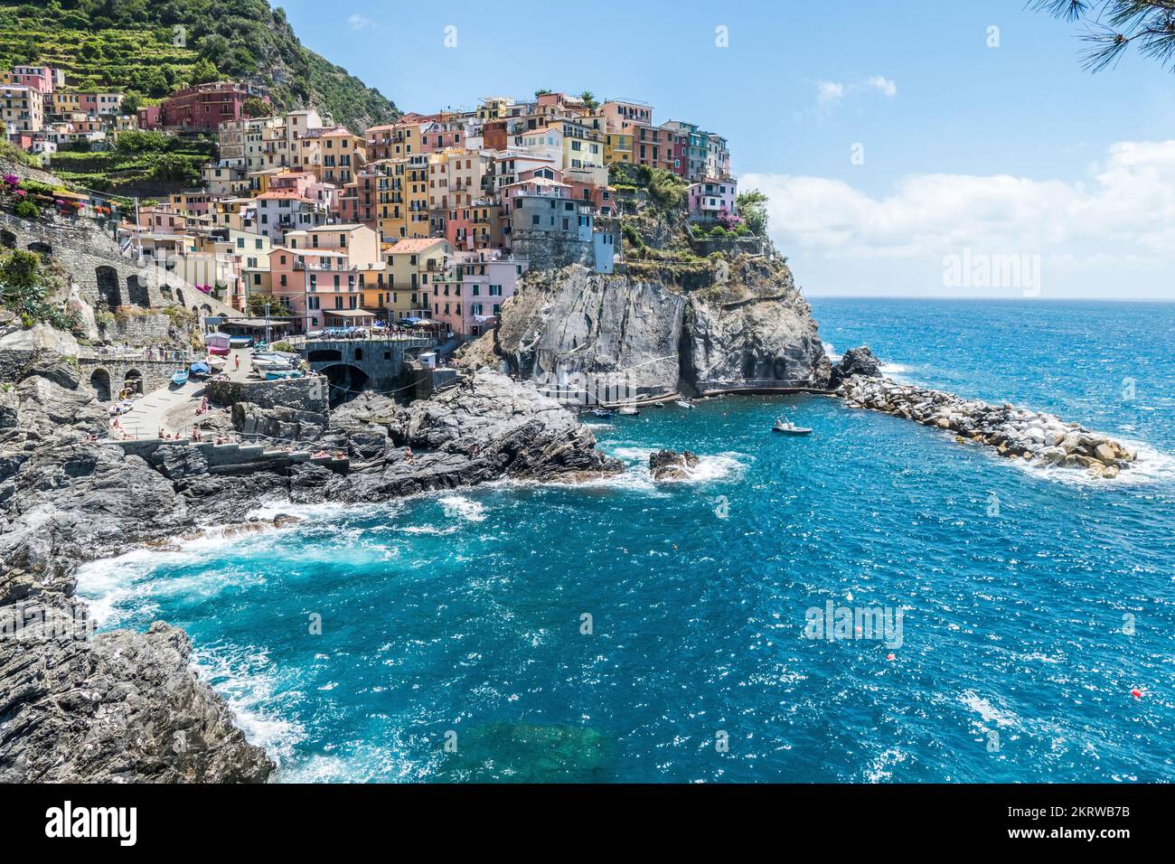 Aerial view of Manarola in Cinque Terre, beautiful town above the sea ...