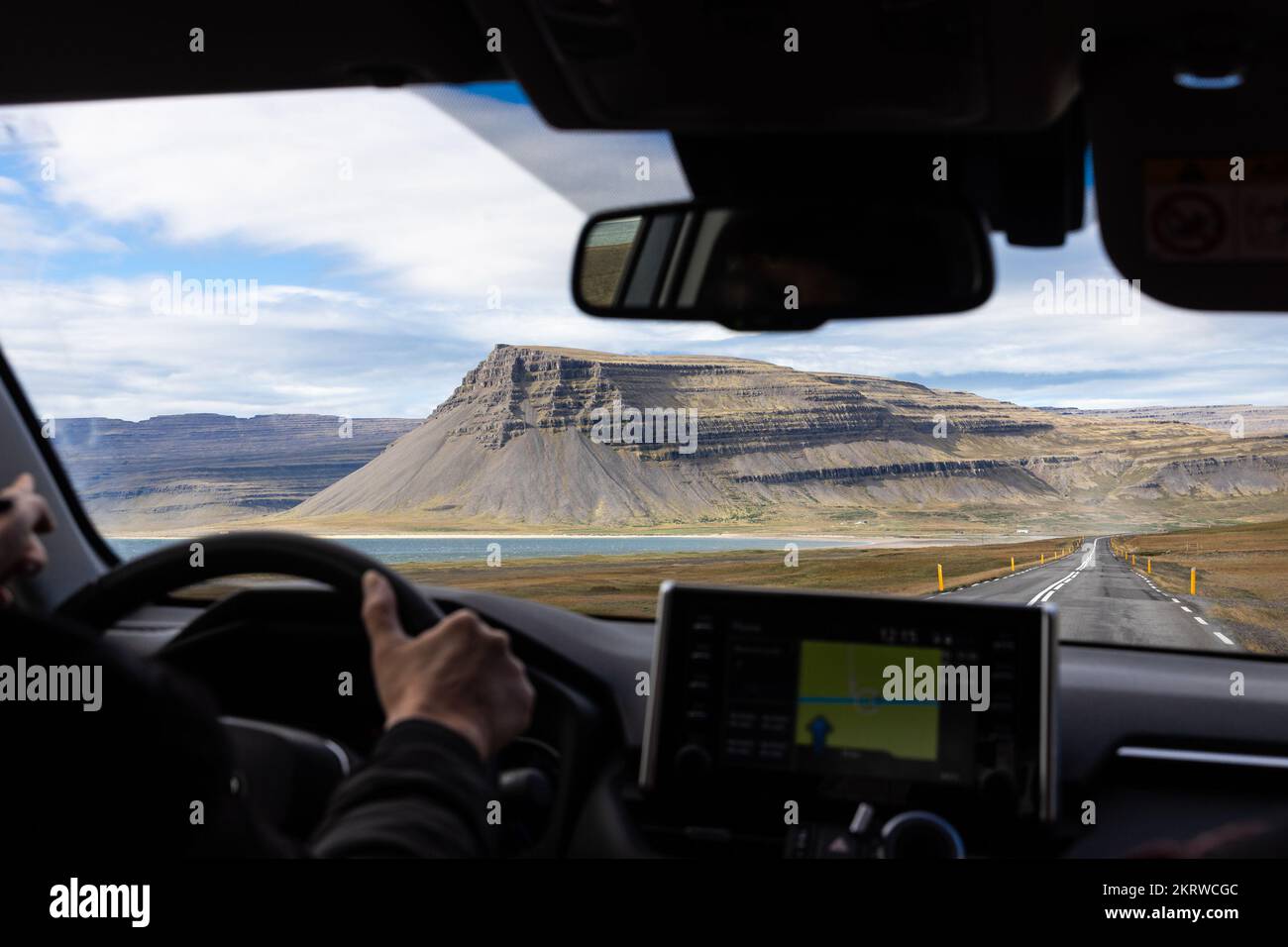 Perspective view of Iceland ring road with natural lanscape from driver ...
