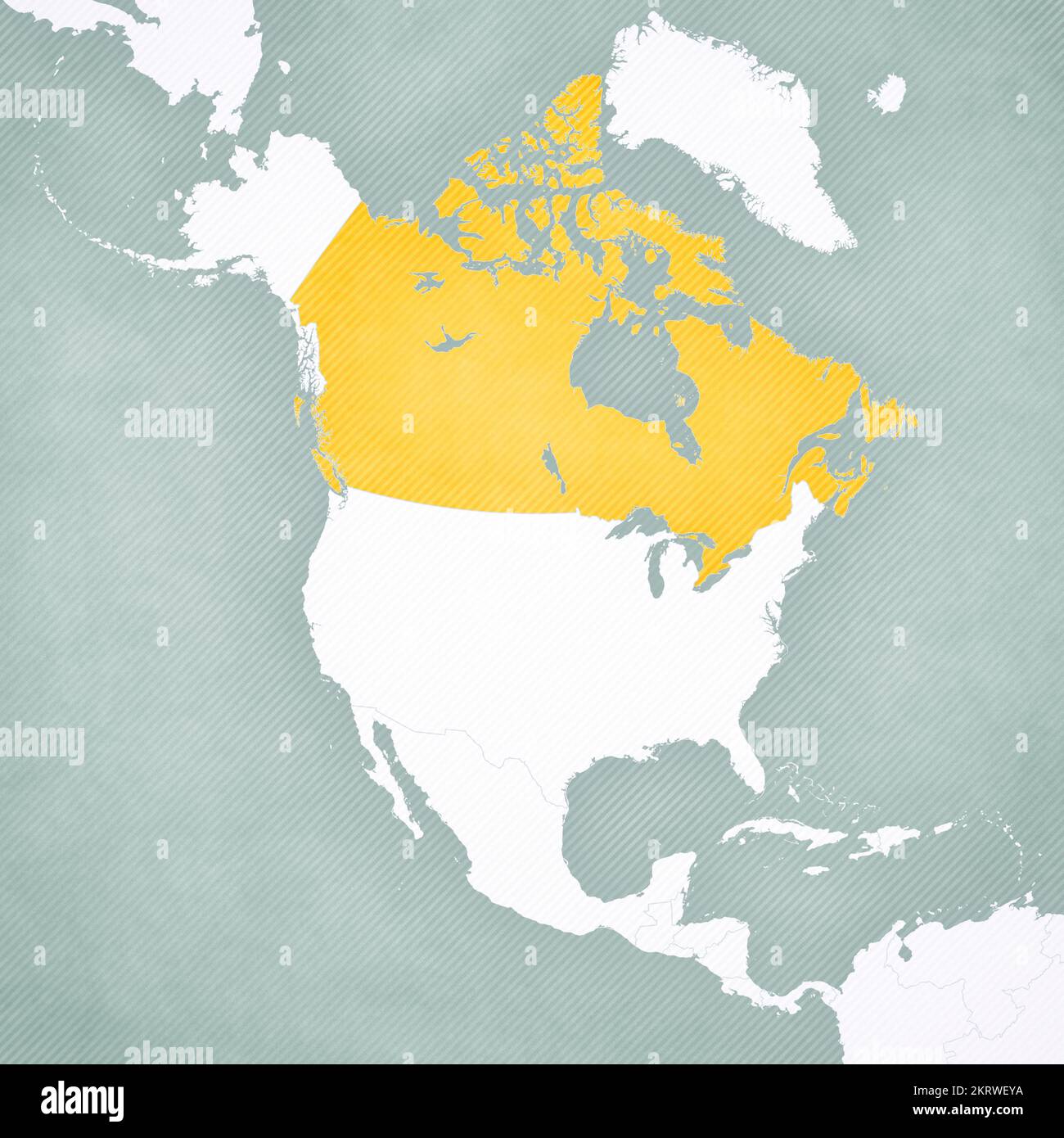 Canada on the map of North America with softly striped vintage ...