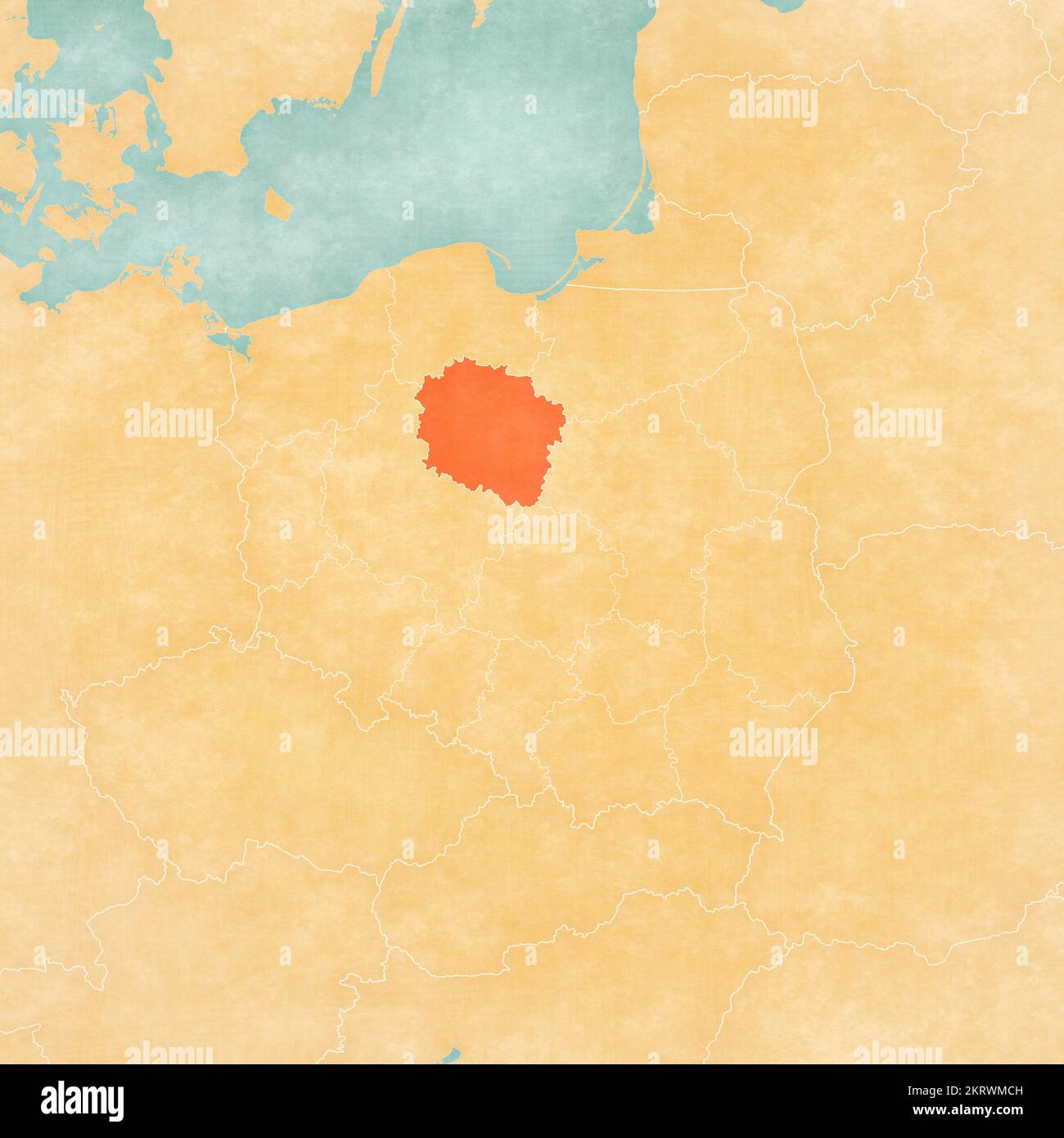 Kuyavia-Pomerania on the map of Poland in soft grunge and vintage style ...