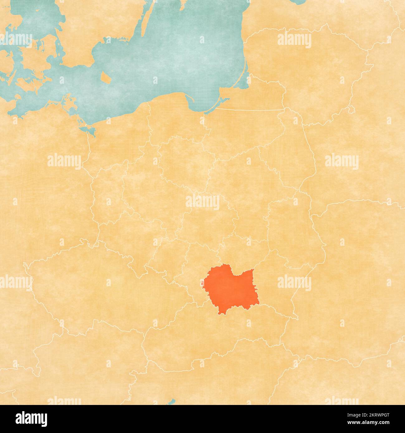 Lesser Poland on the map of Poland in soft grunge and vintage style ...