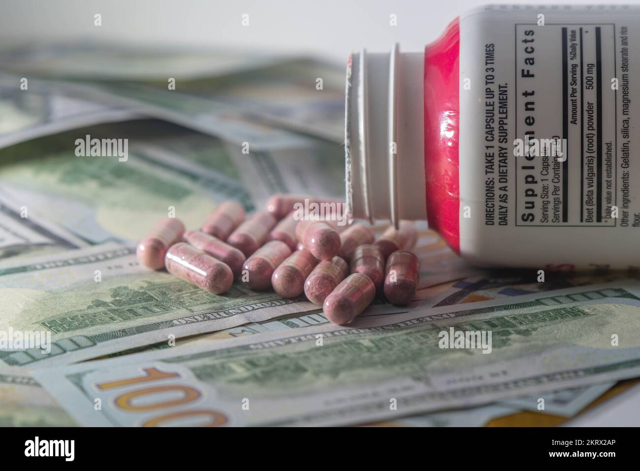 red pills on background of cash money, drug industry concept Stock ...