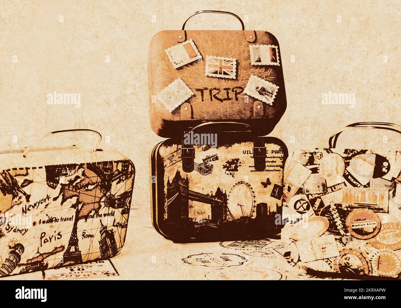 Historic still life art in a travelling tours scene of old luggage in ...