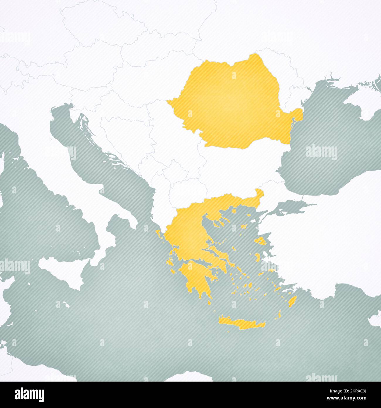 Greece and Romania on the map of Balkans with softly striped vintage ...
