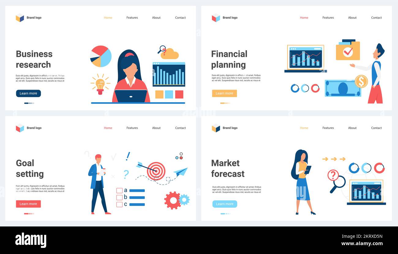 Business research, finance planning and online forecast of stock market trends set vector ...