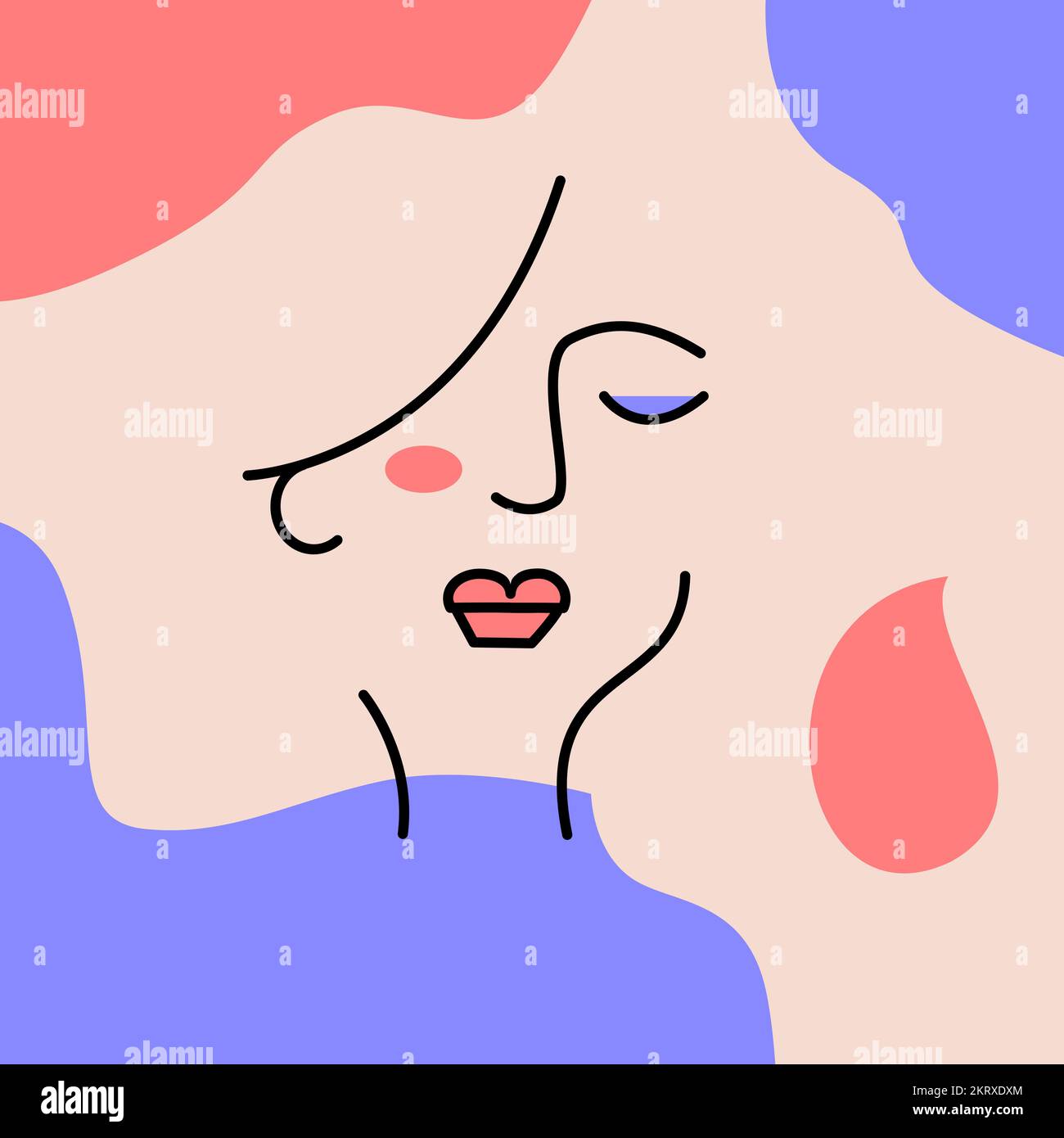 Sad woman line art face. Female portrait cubism style hand drawn ...