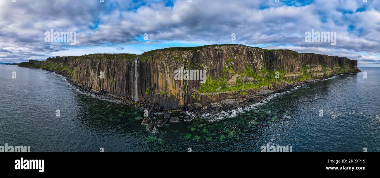 Aerial panoramic view of Kilt Rock & Mealt Falls on the coast of the ...