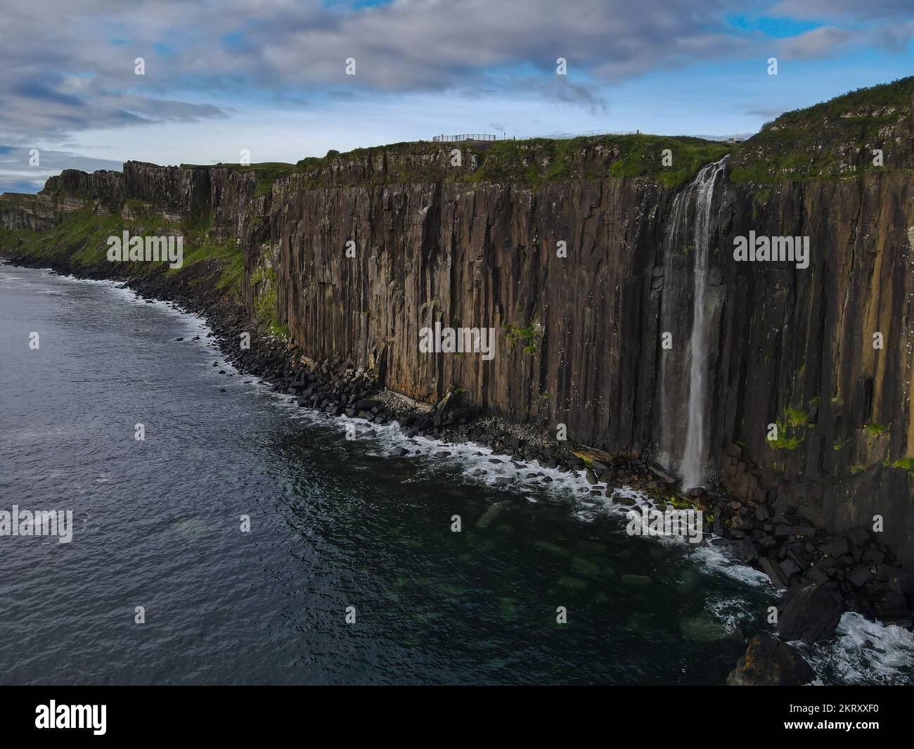 Aerial panoramic view of Kilt Rock & Mealt Falls on the coast of the ...
