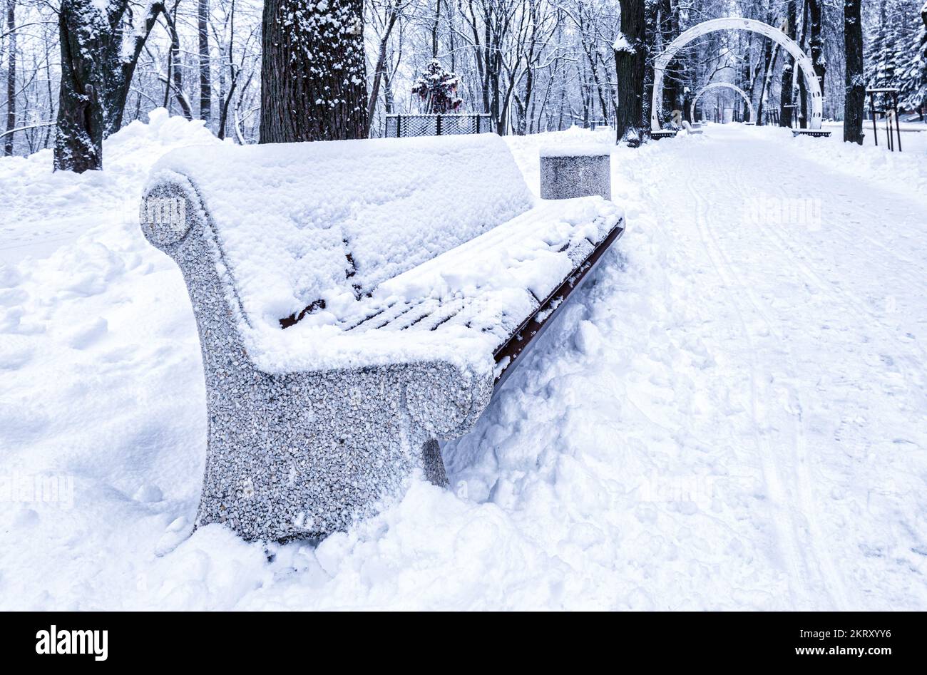 A bench in the park covered with snow in winter. Winter weather and ...
