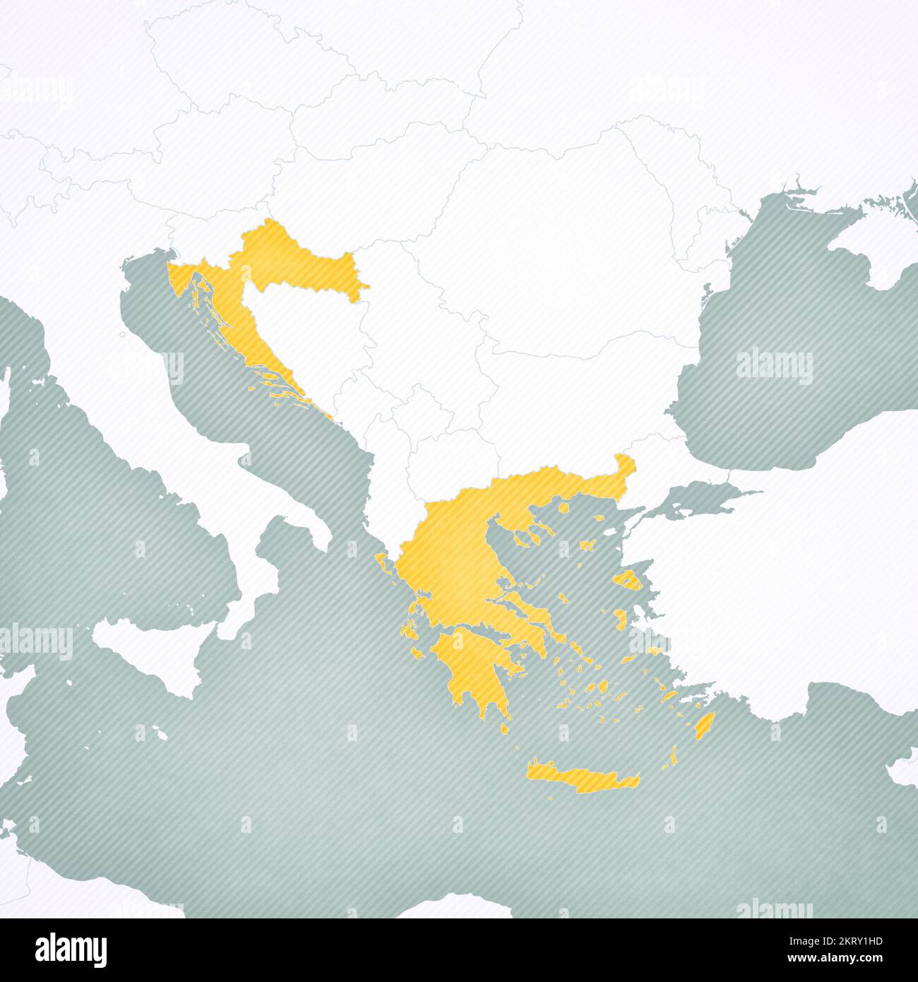 Greece and Croatia on the map of Balkans with softly striped vintage ...