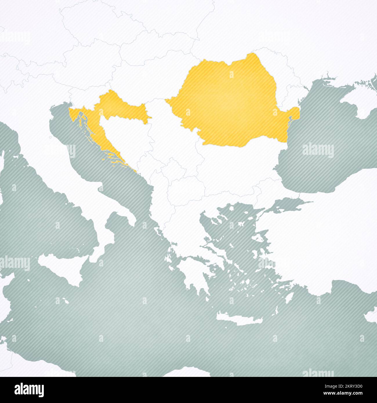 Romania and Croatia on the map of Balkans with softly striped vintage ...