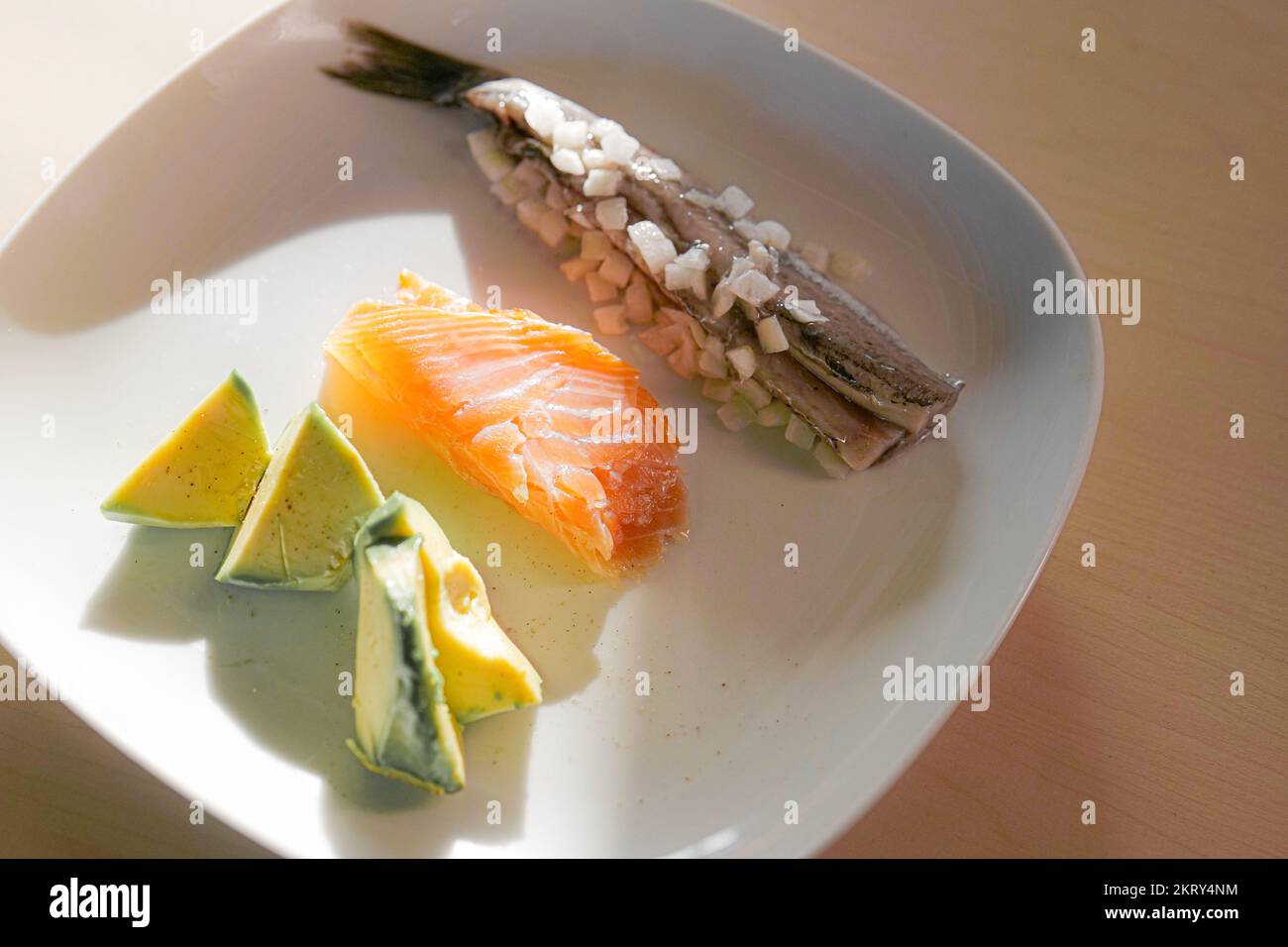 Dinner plate with healthy meal with unsaturated fats with fatty fish ...
