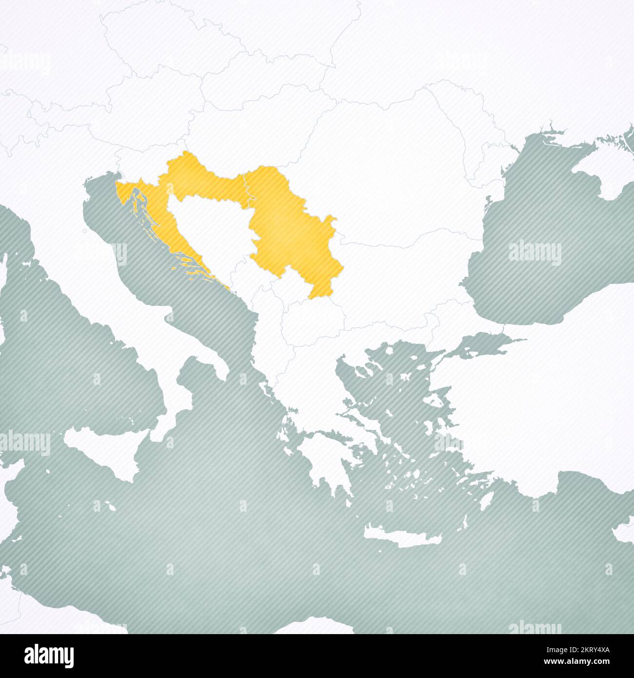 Serbia and Croatia on the map of Balkans with softly striped vintage ...