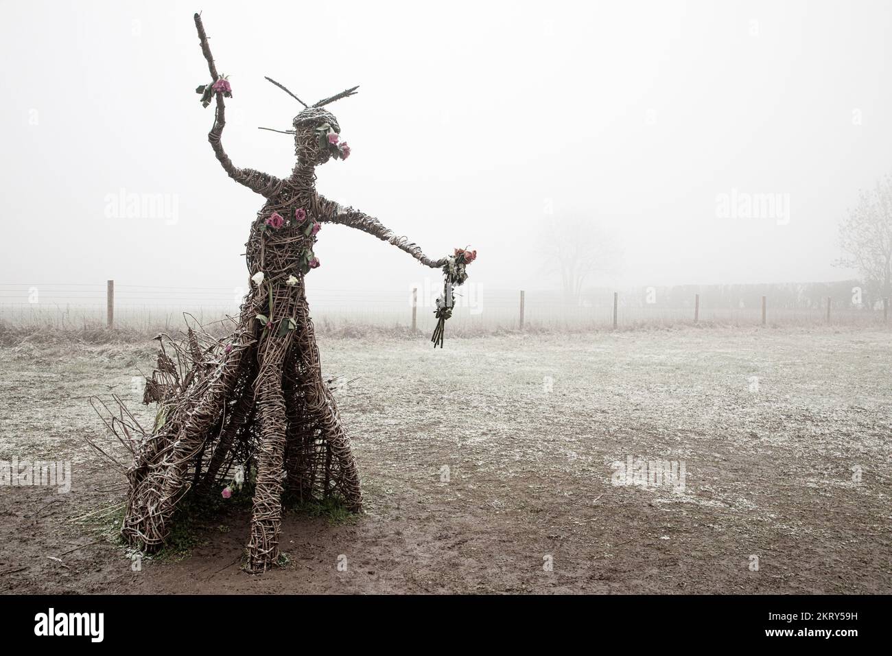 The wicker witch sculpture at the Rollright Stones in Oxfordshire on a ...